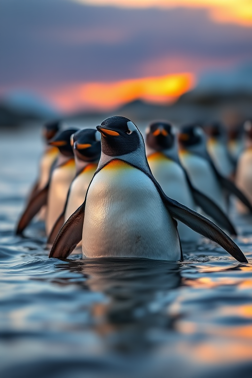 Close-up shot of a group of penguins emerging from water during sunset ...
