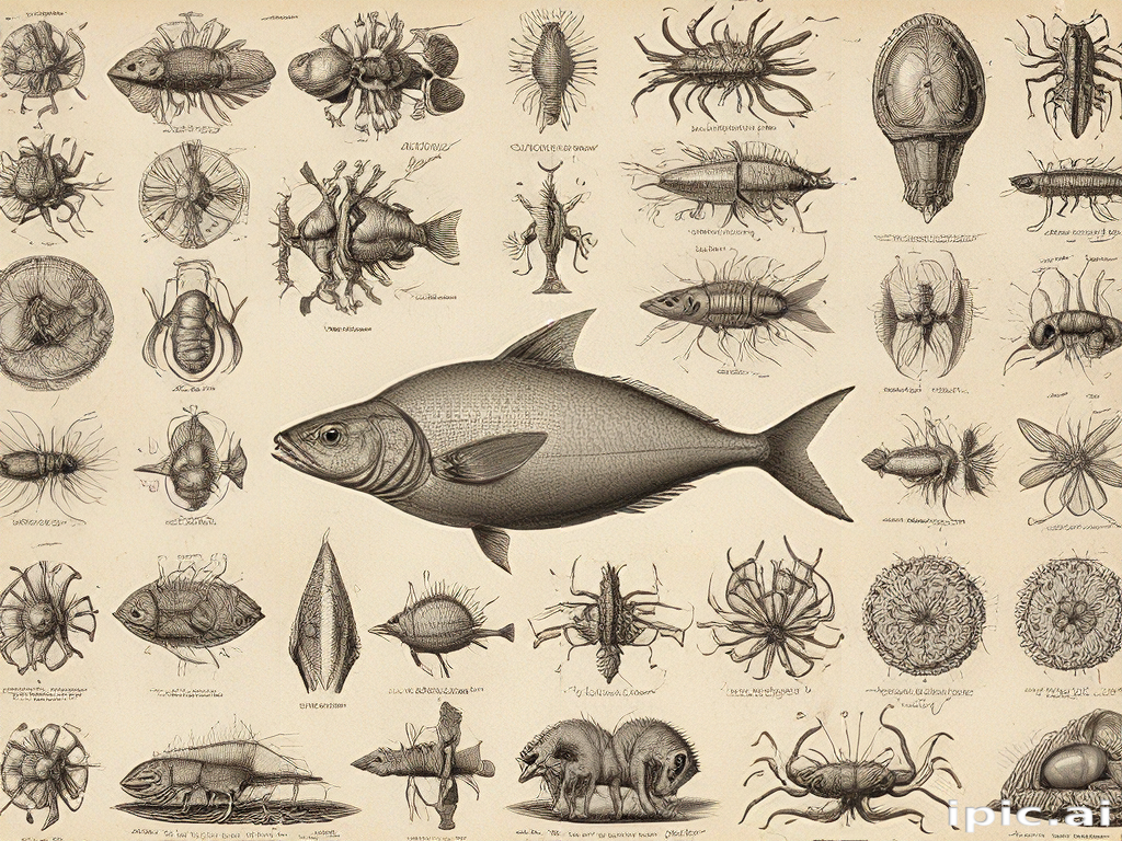 Detailed Illustrations of Various Aquatic Creatures and Marine Life Forms