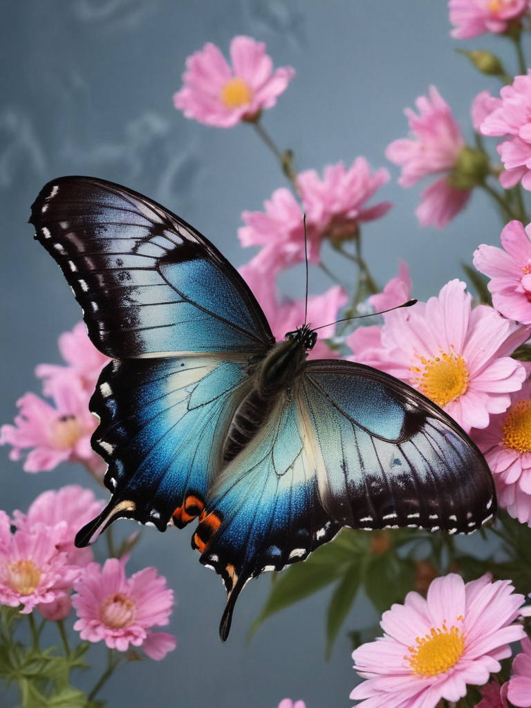 Vibrant Blue Butterfly Gracefully Perched Among Delicate Pink Flowers ...