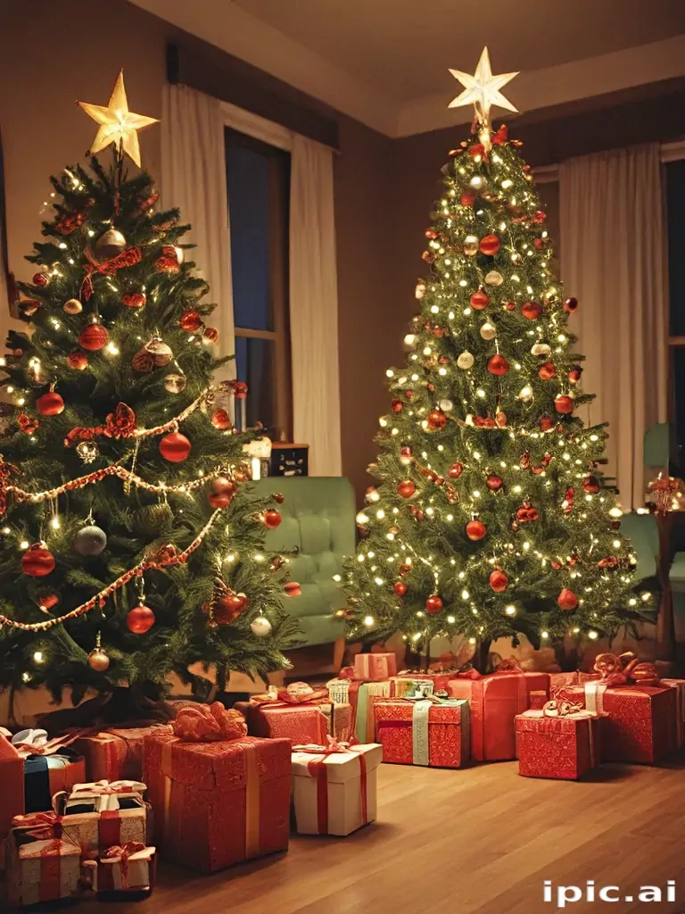 Cozy Holiday Scene with Two Christmas Trees and Wrapped Presents