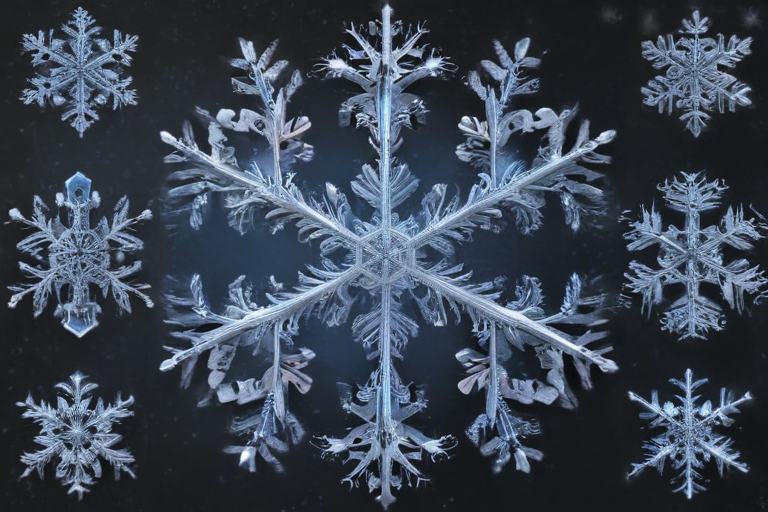Intricate Designs of Uniquely Shaped Snowflakes Against a Dark Background