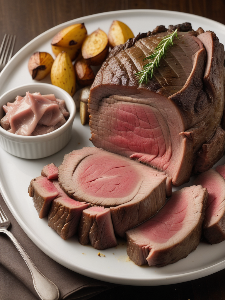 Succulent Roasted Beef with Perfectly Sliced Cuts and Savory Sides