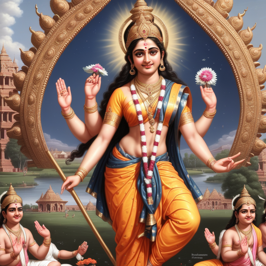 Divine Goddess with Multiple Arms Surrounded by Serene Architecture and ...