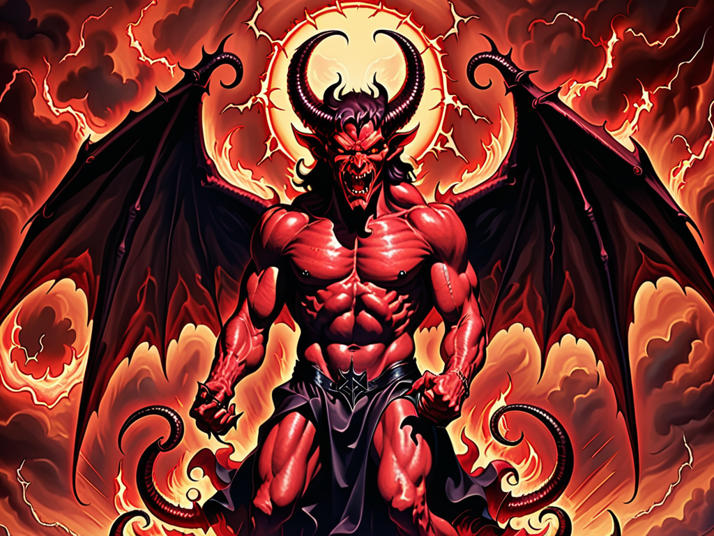 Powerful Demon Overlord Rising Amidst Fiery Skies and Dark Clouds