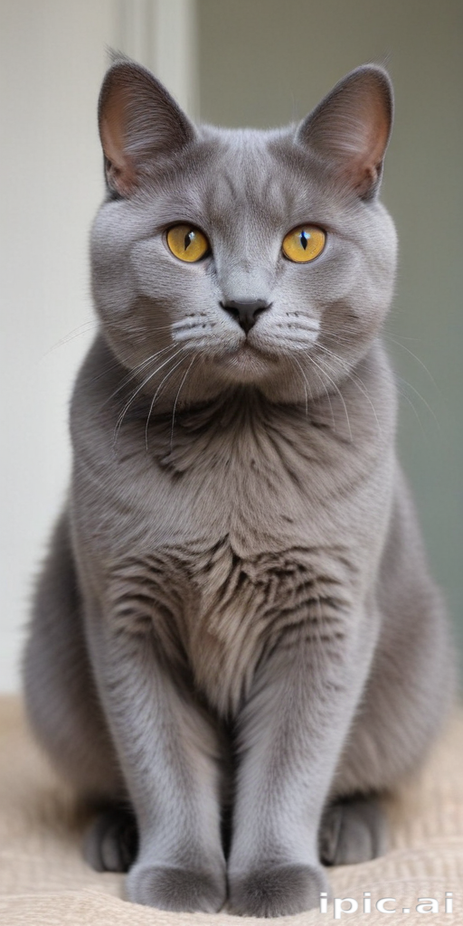 A Majestic Gray Cat with Striking Yellow Eyes Sitting Gracefully.