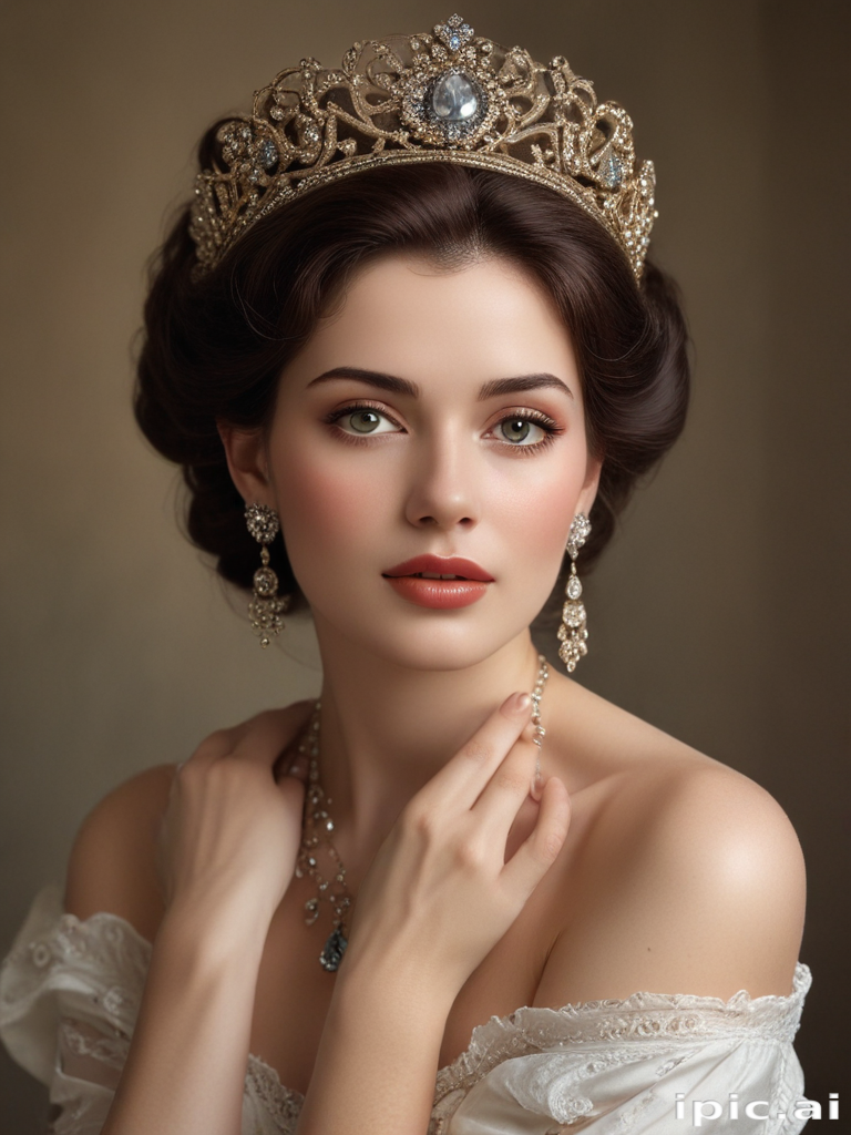 Elegant Portrait of a Young Woman Wearing a Royal Crown and Jewelry