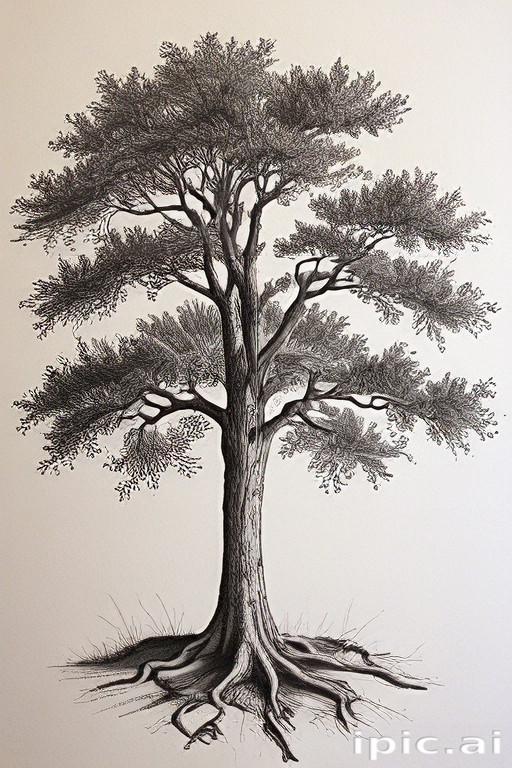 Intricate Black and White Illustration of a Majestic Tree with Detailed ...