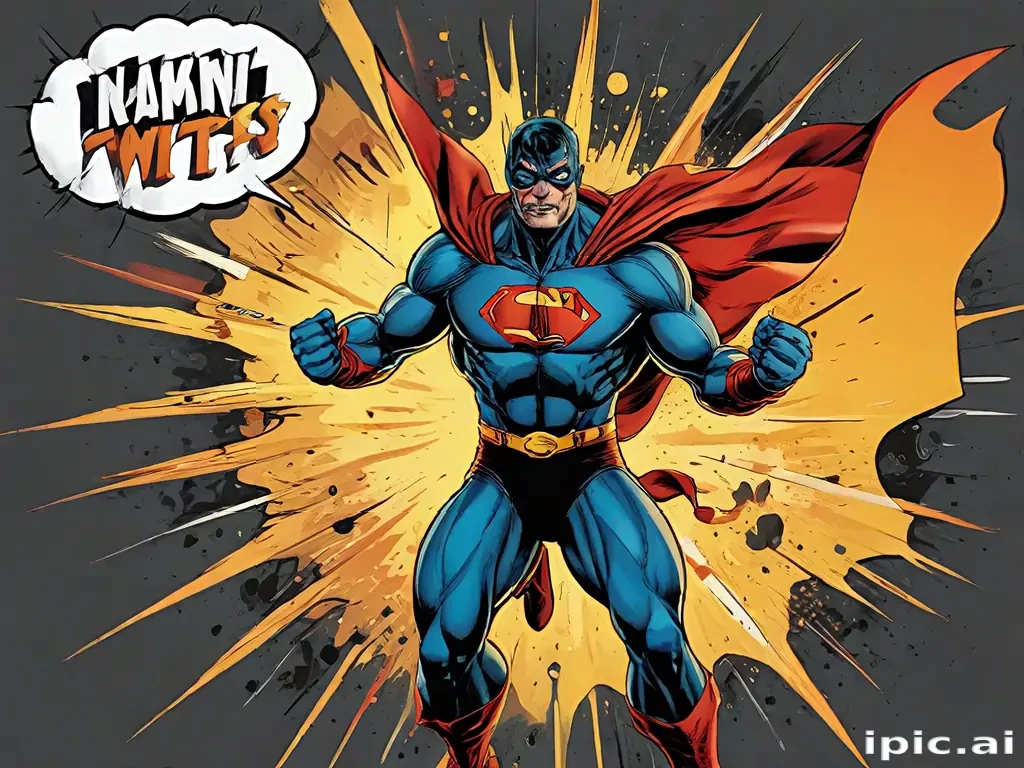 Heroic Superhero Strikes a Powerful Pose Amidst Explosive Background ...