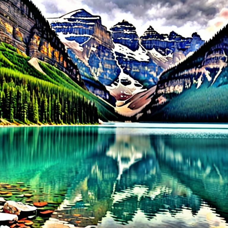 lake louise watercolor, pastel colors, low saturation