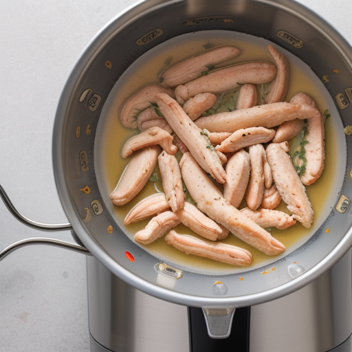 Delicious Chicken Strips Cooking in a Flavorful Broth on the Stove
