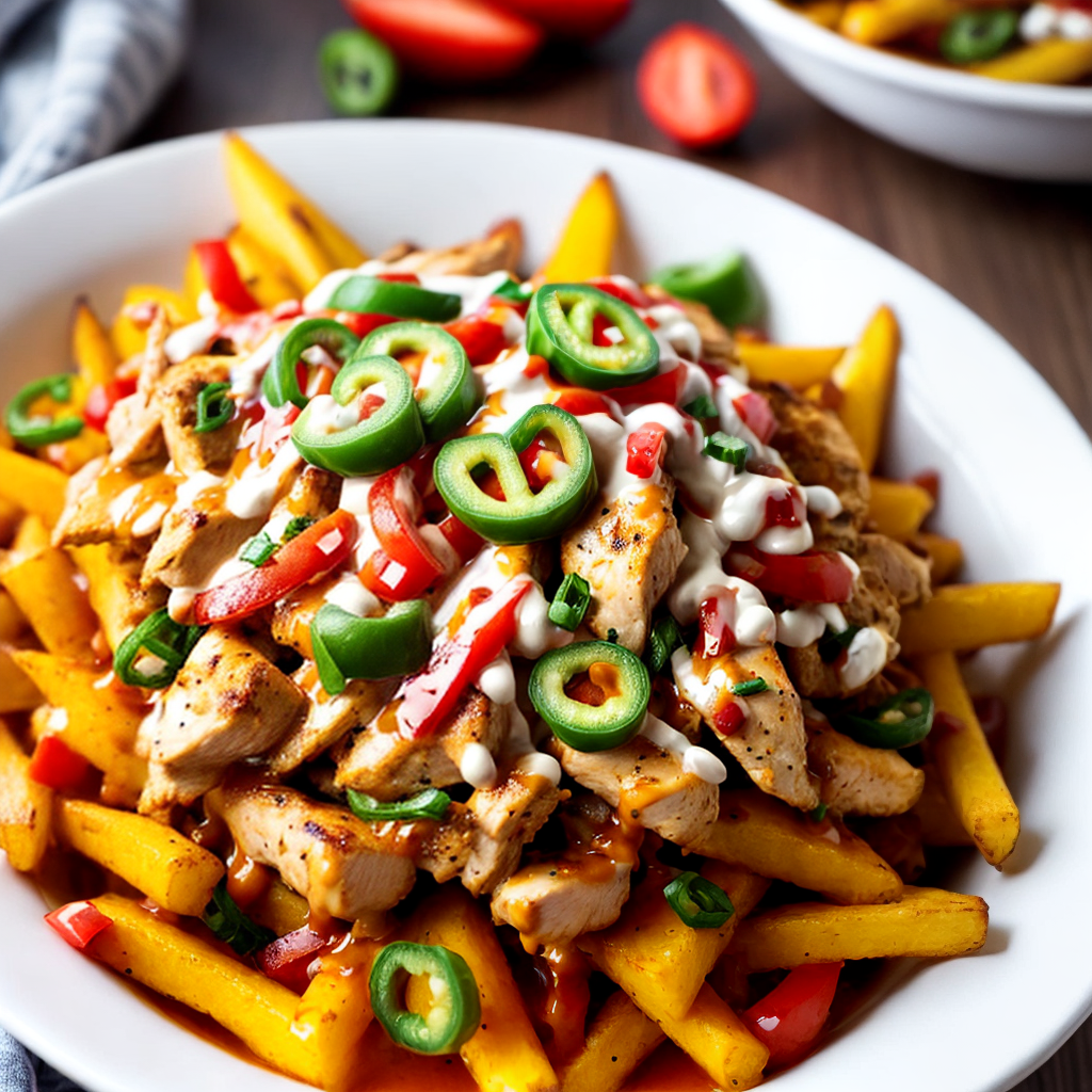 Chicken loaded Fries, with Nacho Sauce And Signature Sauce and ...