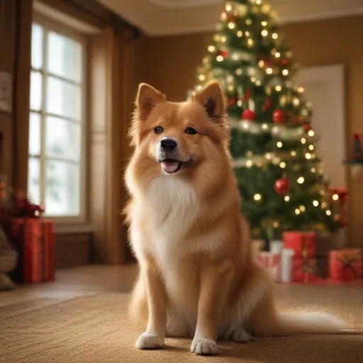 A Cheerful Dog Posing in Front of a Beautiful Christmas Tree.