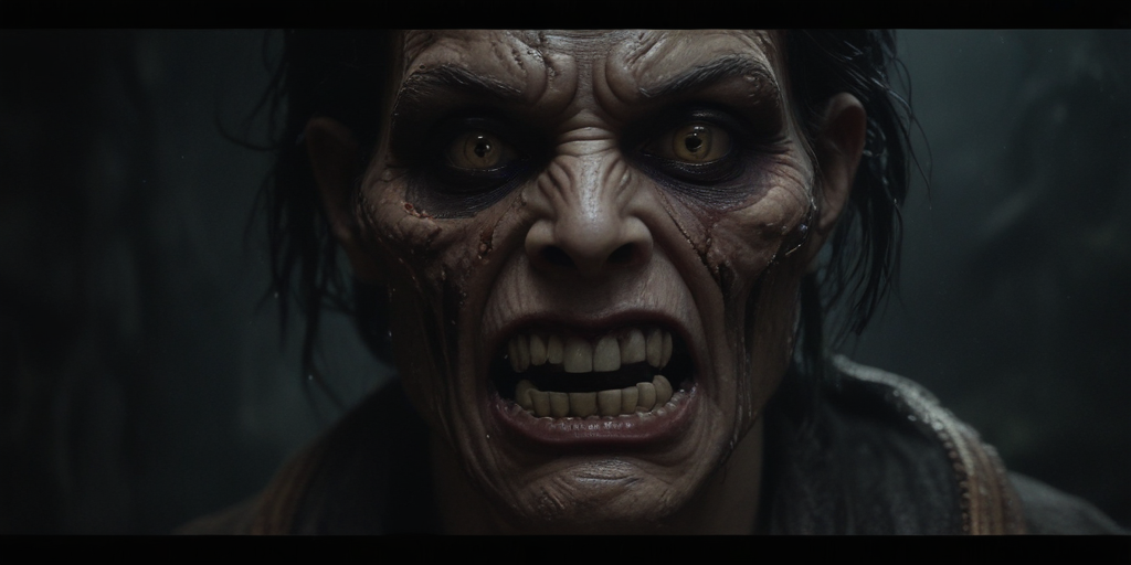 Intense Close-Up of a Fearsome Creature with Glaring Eyes and Distorted ...