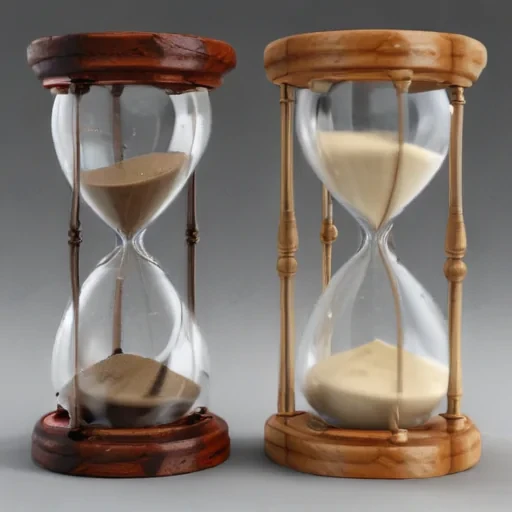 Two Elegant Wooden Hourglasses Displaying the Passage of Time with Sand