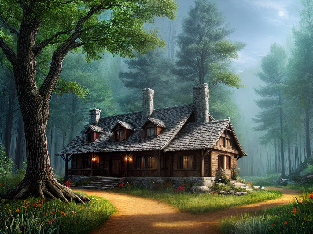 Colored princess, Wolf, scene medieval, house Forest fantasy