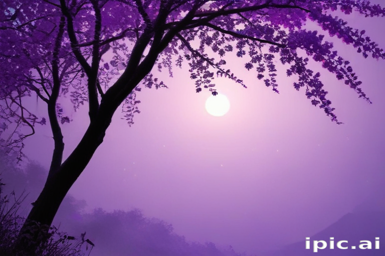 Serene Twilight Scene with a Majestic Purple Tree and Shimmering Sun