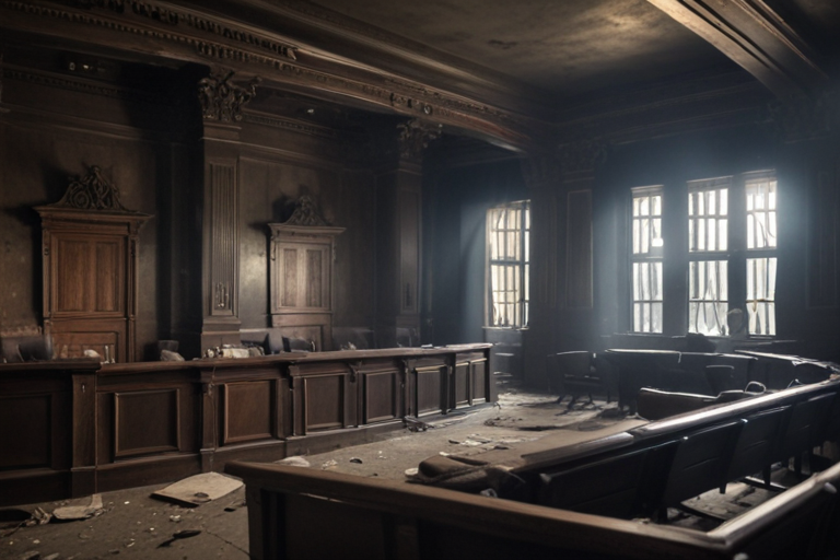 dimly-lit scary post-apocalyptic destroyed courtroom