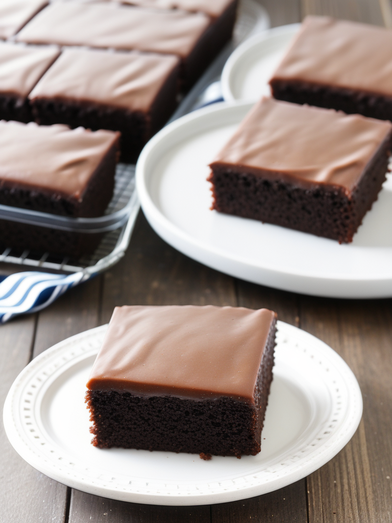 Delicious Chocolate Cake Squares with Rich Ganache Topping on Display