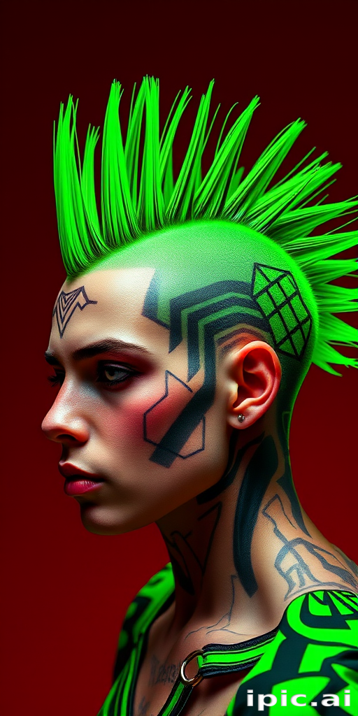 Vibrant Green Mohawk with Intricate Tattoos Against a Bold Red Background