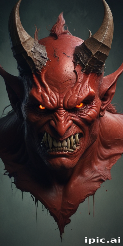 Intense Portrait of a Fierce, Red-Horned Demon with Glowing Eyes