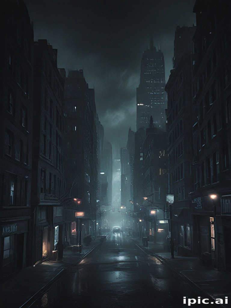 Dark and Mysterious Urban Street Scene Under Moonlit Skies at Night