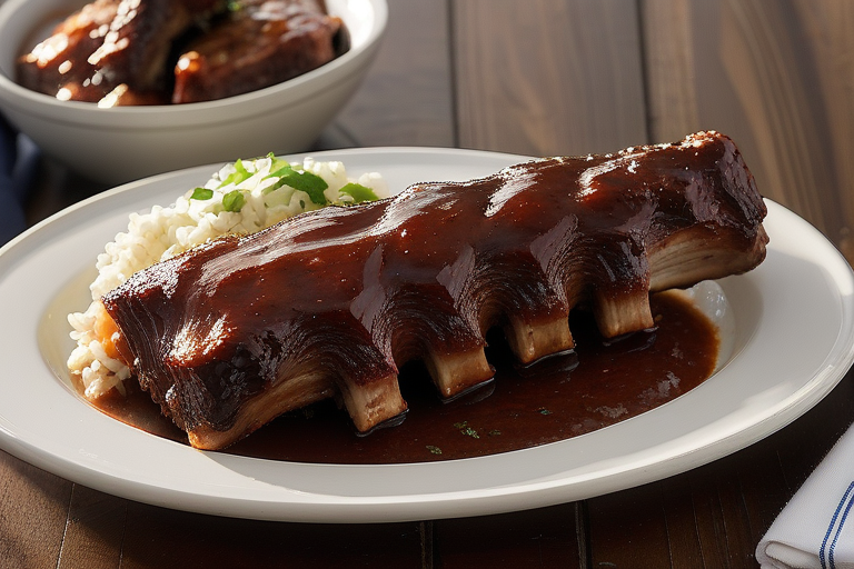 Delicious Slow-Cooked Barbecue Ribs Served with Crispy French Fries.