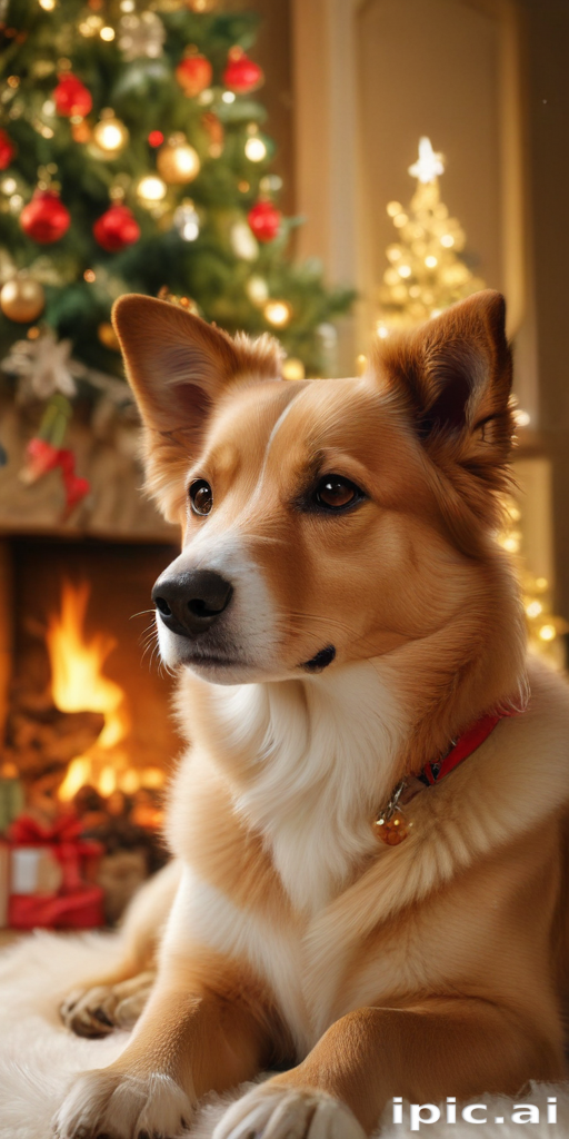 A Cozy Holiday Scene Featuring a Dog by the Christmas Tree.