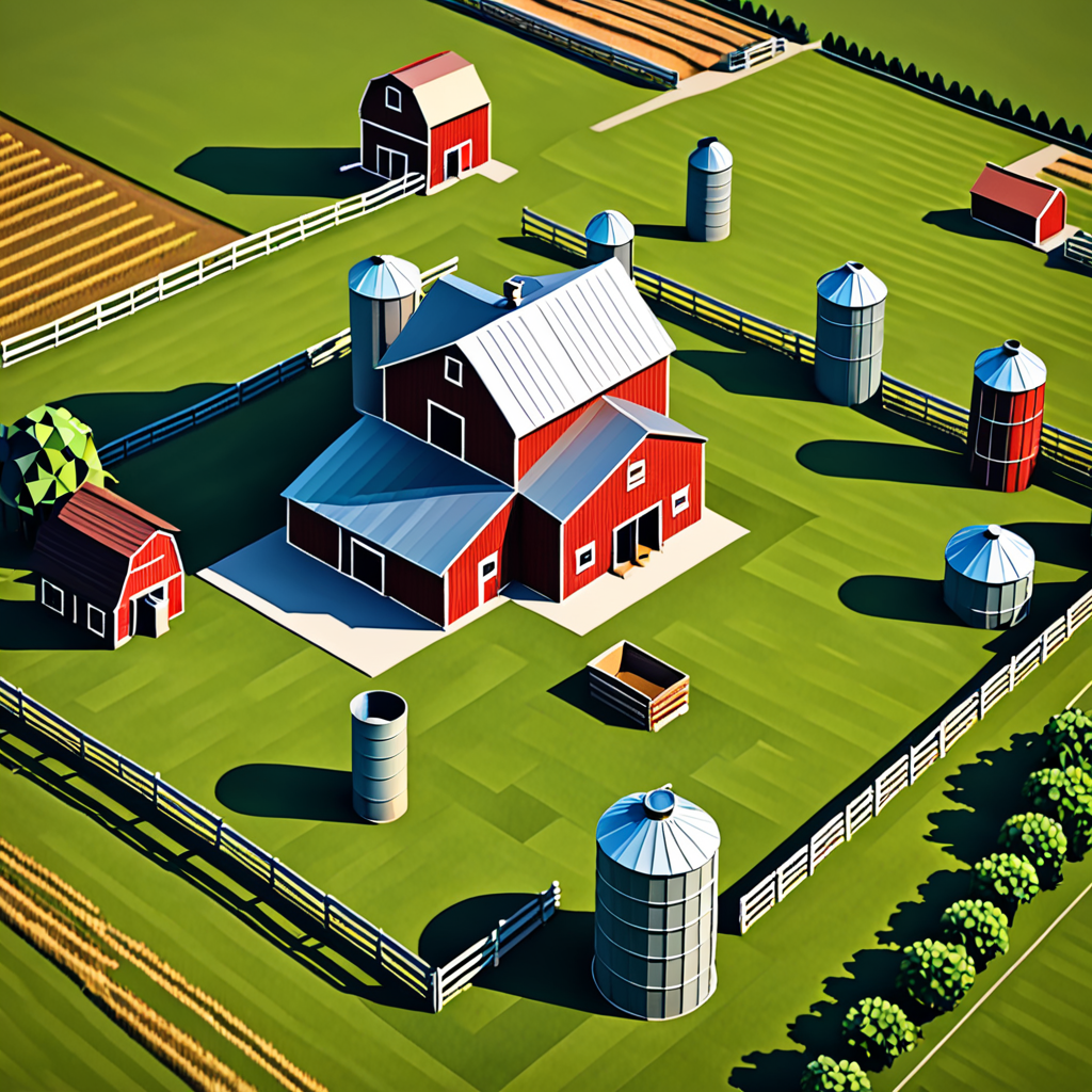 farm, birds eye view, barn, house, open area, silo, house, low poly