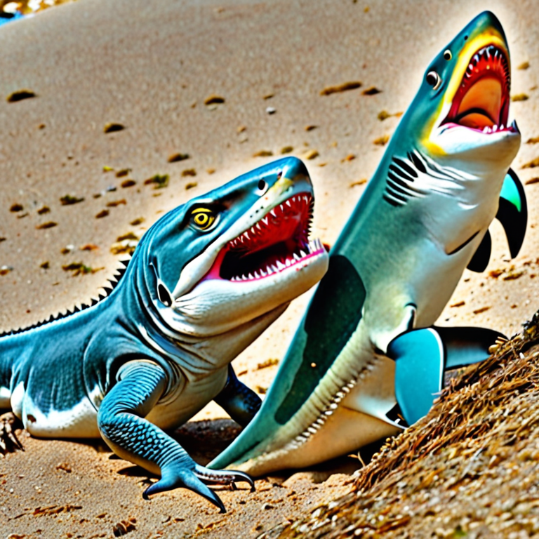 a large lizard attacks a shark