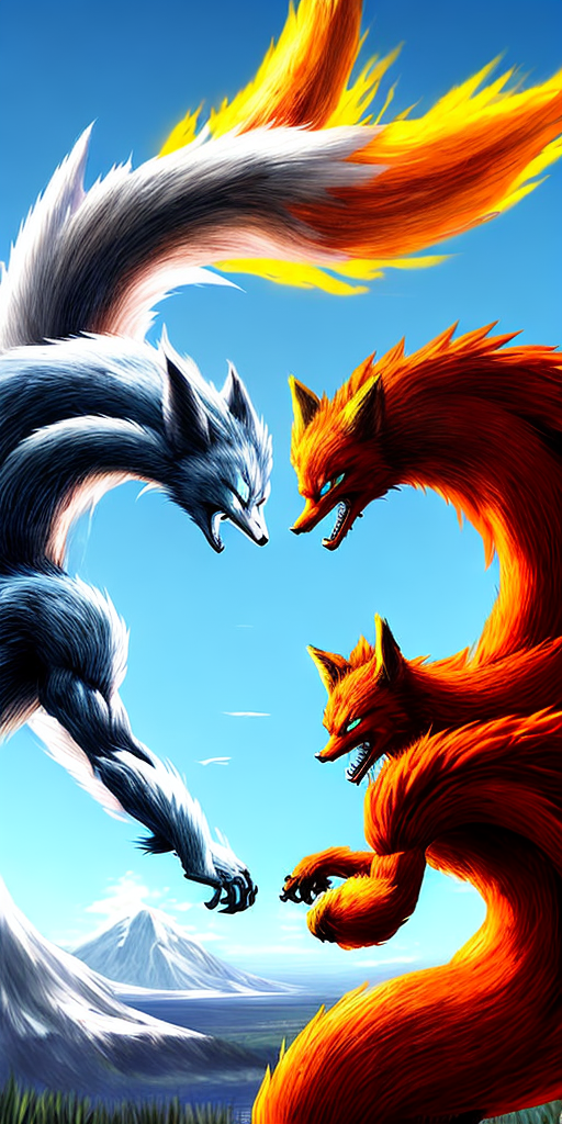 2 fighters fighting aginst a giant nine tails Fox