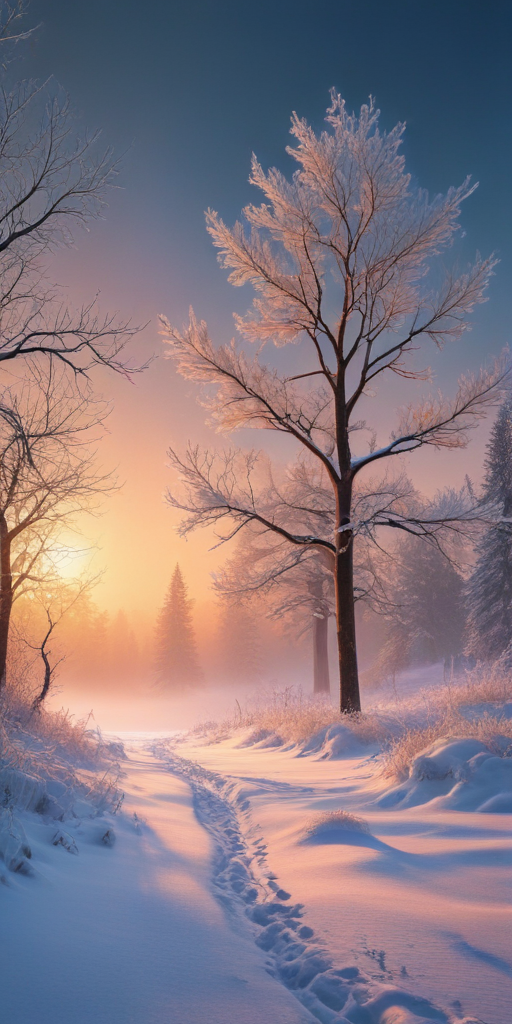 Serene Winter Landscape at Dawn with Frosty Trees and Snowy Pathway