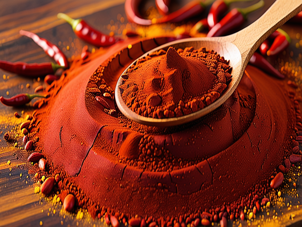 Vibrant Red Chili Powder Piled High with Fresh Red Peppers Nearby