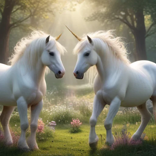 Majestic Unicorns Dance Gracefully Under the Enchanting Forest Sunlight