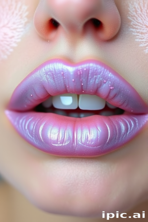 Close-Up of Glossy Lips with a Beautiful Iridescent Shine and Color