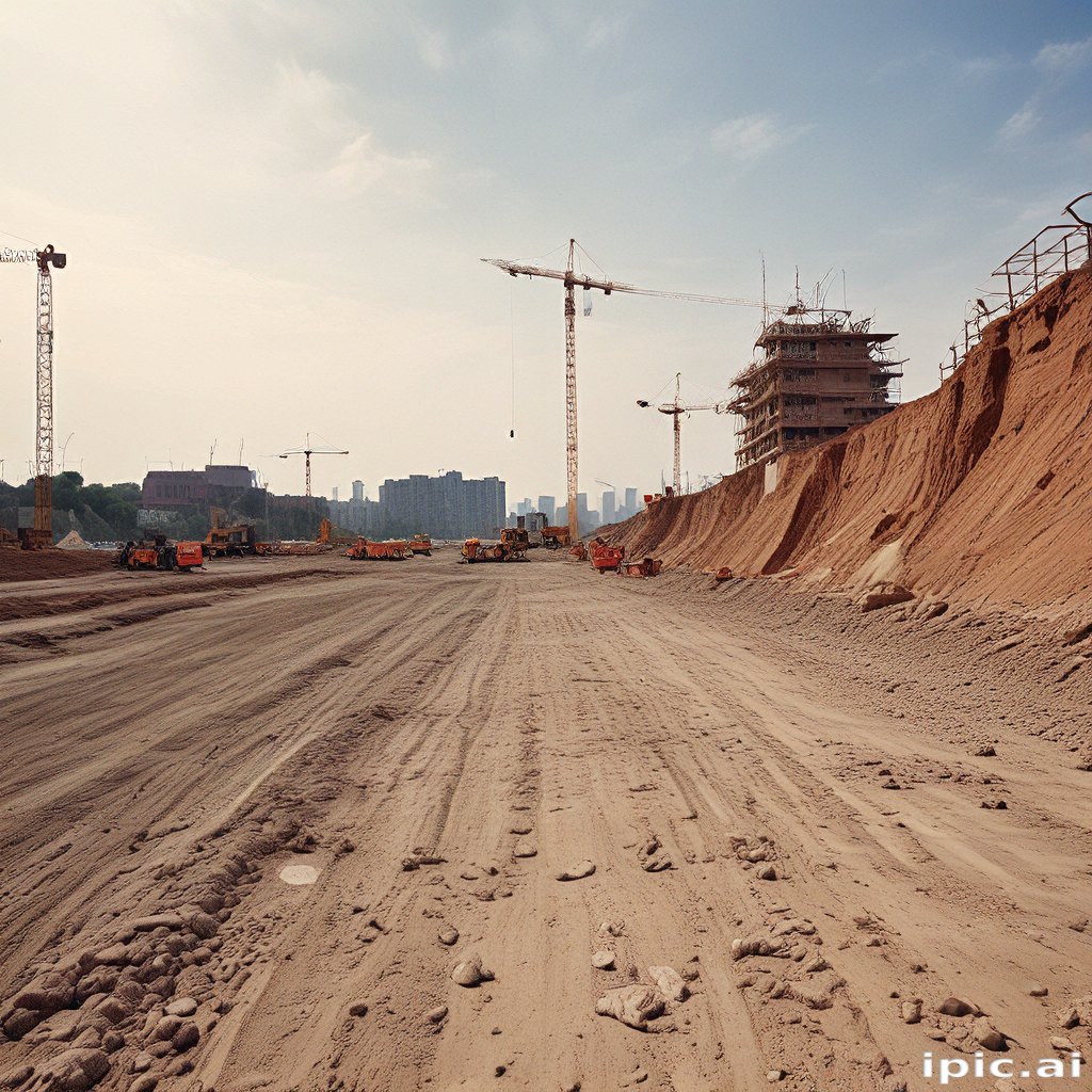 Construction Site Under Development with Machinery and Cranes in Urban ...