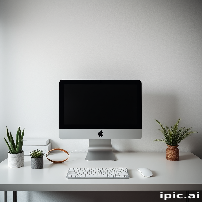 A Minimalist Workspace Featuring an Apple Computer and Green Plants.