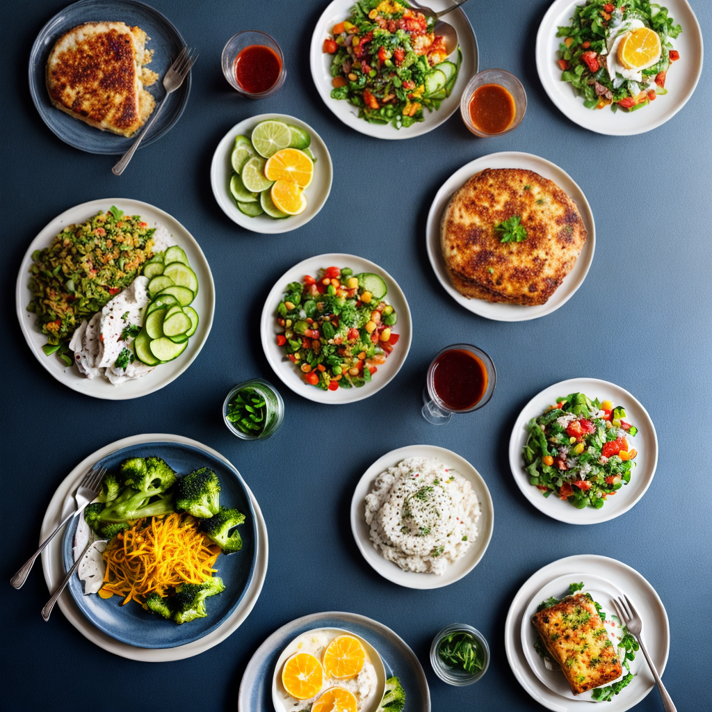 a table with various healthy meals and drinks