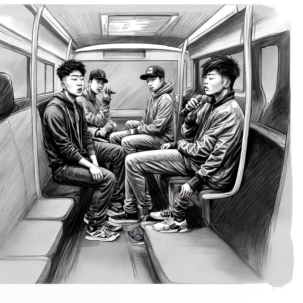 ASIAN HIP HOP RAPPER IS SINGING INSIDE THE BUS. COMIC BOOK. SKETCH ...