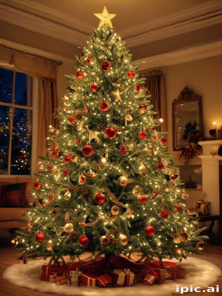 A Beautifully Decorated Christmas Tree Illuminated with Warm Lights and ...