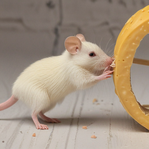 mouse running away from a wheel of cheese