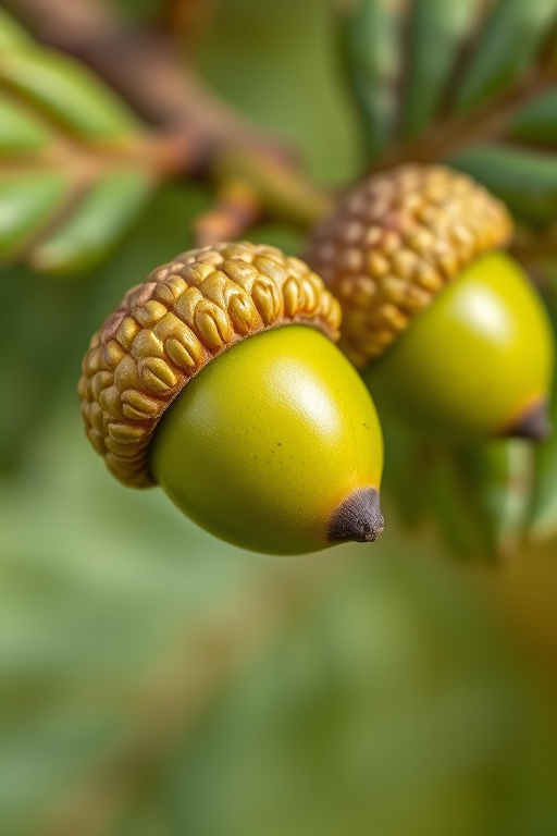 Close-Up of Green Acorns Nestled Among Vibrant Green Leaves in Nature