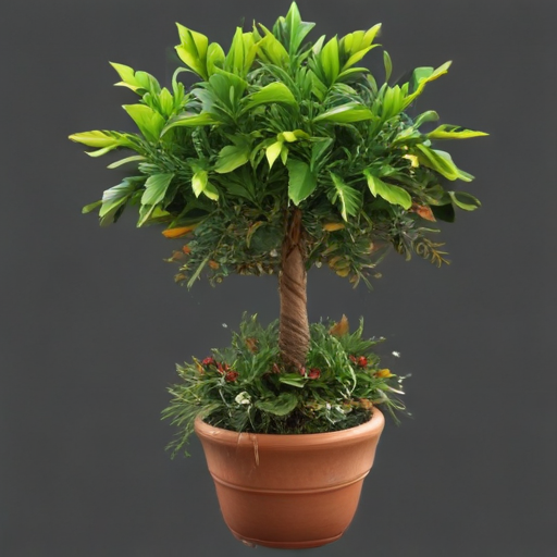 Lush Green Potted Tree with Vibrant Leaves and Colorful Underplanting ...