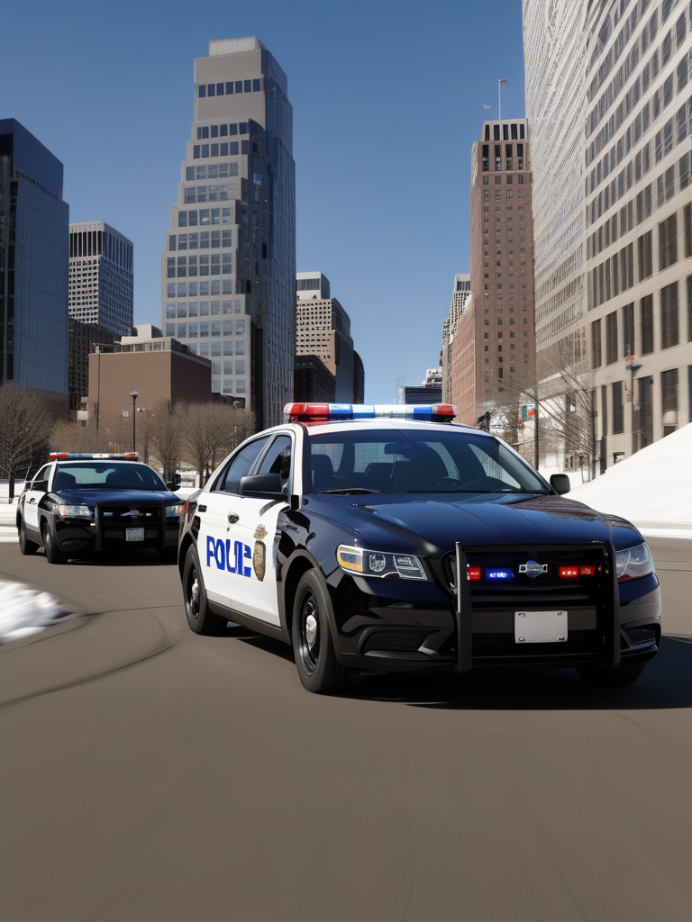 Two Police Cars Responding with Lights Flashing in Urban Cityscape
