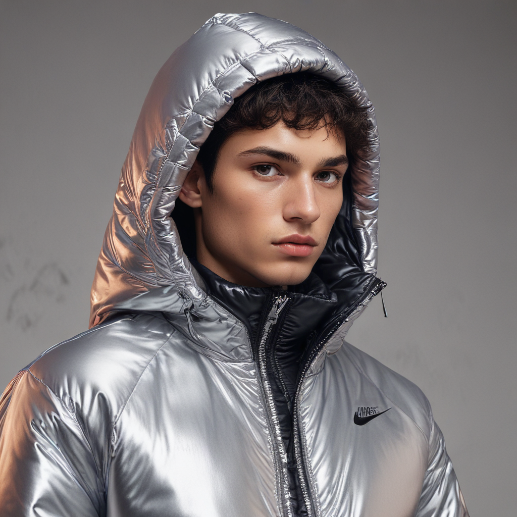 Male supermodel nike shiny puffer jacket bling jewellery hood