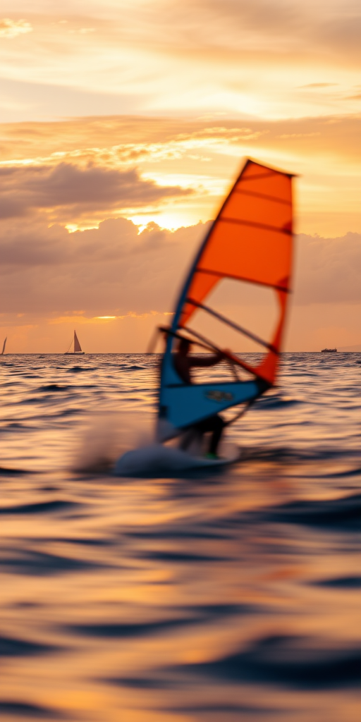Dynamic Windsurfing at Sunset: A Vibrant Display of Sport and Nature