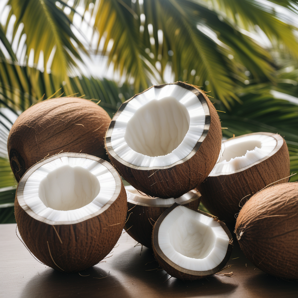 Freshly Cut Coconuts Displayed on a Table Surrounded by Lush Greenery.