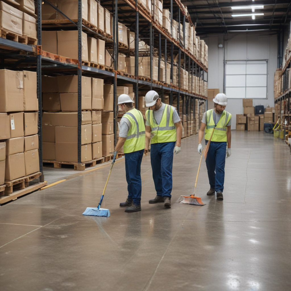 Workers cleaning a warehouse