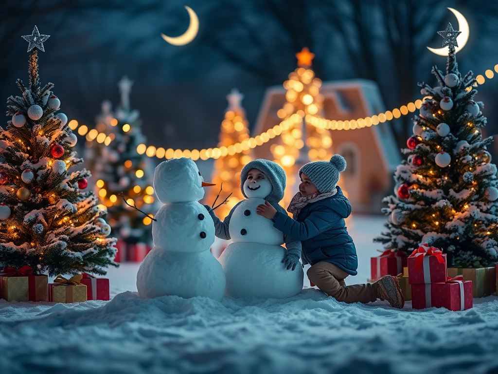 Joyful Winter Scene: A Child Building a Snowman Amongst Festive Decorations