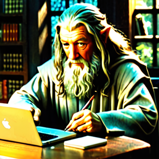 Gandalf is sitting at a table writing code with his macbook