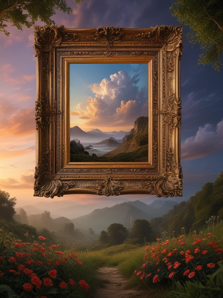 A Beautiful Landscape Framed by an Ornate Golden Picture Frame